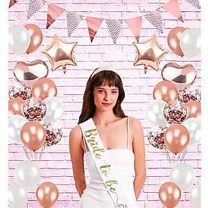 BINQOO Bride to Be Bachelorette Party Kit Rose Gold Banner Miss to Mrs Foil Balloons Bride to Be Sash for Bridal Shower White Confetti Balloons Engagement Wedding Party Decor Set