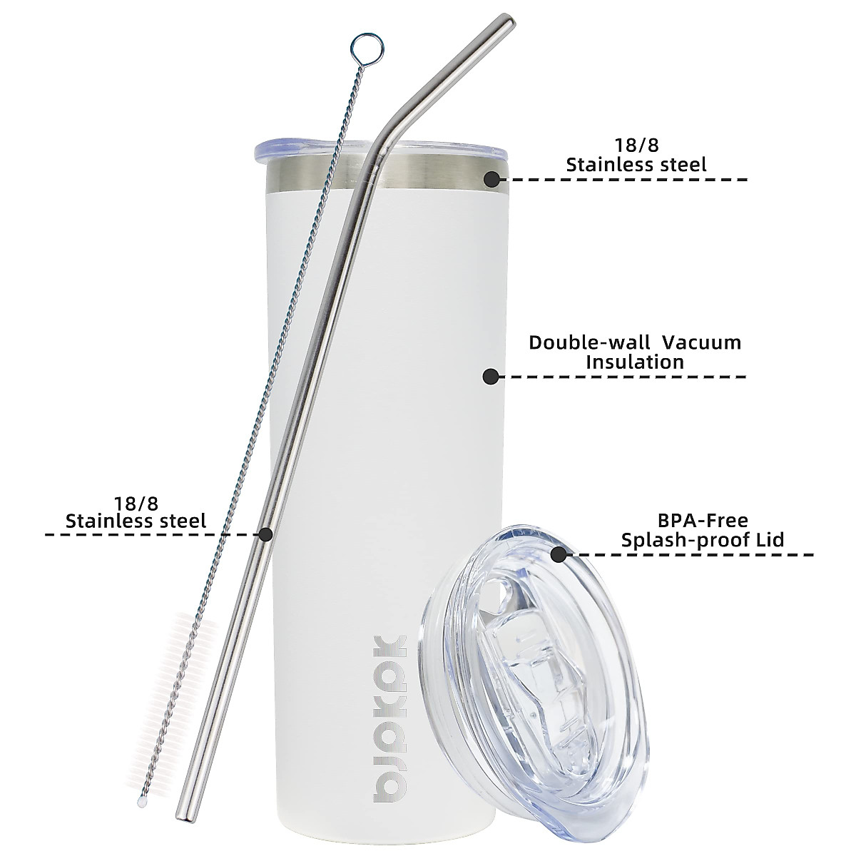 BJPKPK Skinny Tumbler with Lid 20 oz Stainless Steel Vacuum Insulated Double Wall Travel Coffee Water Tumblers Cup,White