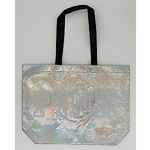 Victoria's Secret PINK XL Iridescent Silver Canvas Shopper Tote Bag, 22" x 16" x 6"