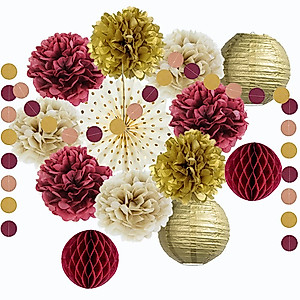 Maroon and Gold Graduation Decorations 2024 Burgundy Party Decorations Paper Pom Poms Lanterns Rose Gold Glitter Dots Hanging Party Garland for Burgundy Birthday Bridal Shower Bachelorette Party Decor