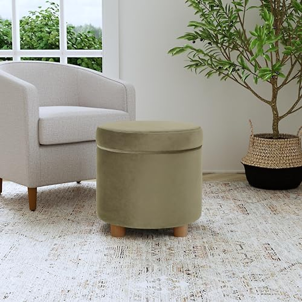 HomePop Home Decor | Upholstered Round Storage Ottoman | Ottoman with Storage for Living Room & Bedroom, Light Sage Green Velvet Large