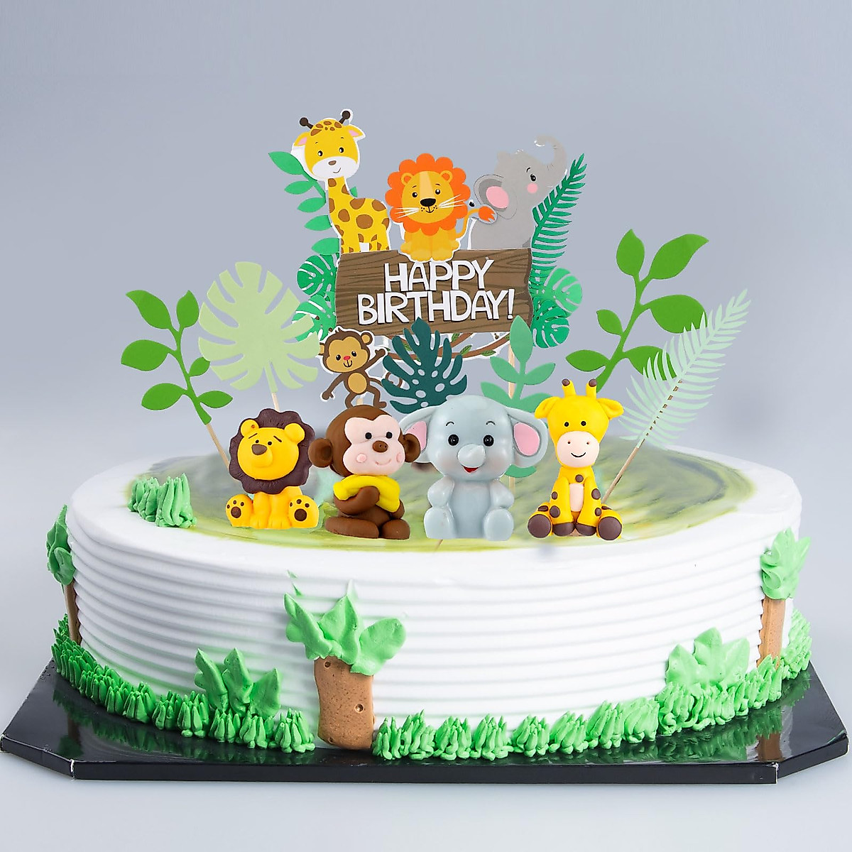 Marsui 36 Pcs Safari Cake Topper Leaves Cake Decorations Elephant Birthday Cake Toppers Jungle Animals Cakes Toppers Woodland Animal Tiger Lion for Party Baby Shower Birthday Supplies