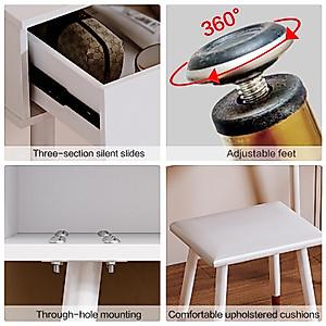 Milky White,Make Vanity Set with Touch Screen Dimming Mirror, 3 Color Lighting Modes, Dressing Table with 3 Sliding Drawers, Modern Bedroom Makeup Table and Cushioned Stool Set for Women Girls