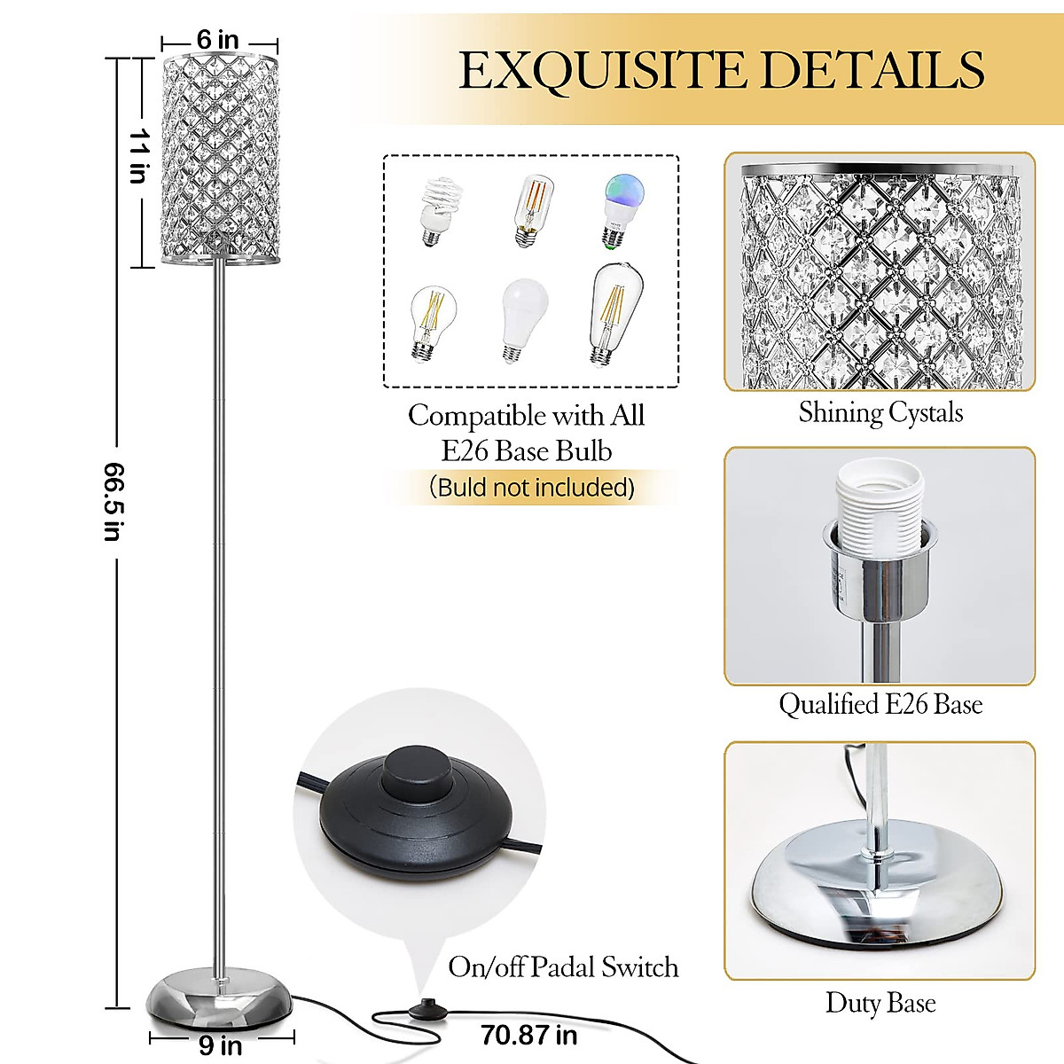 GyroVu Crystal Floor Lamp, Elegant Standing Lamp Modern Floor Lamp Silver Finish Tall Pole Lamp Accent Light with On/Off Foot Switch for Living Room, Girl Bedroom, Dresser, Office