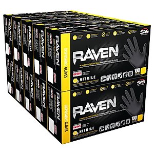 Raven 10 Pack SAS Safety 66517 6 mil Black Nitrile Disposable Gloves 7 Mil - Medium (100 Gloves per Box)