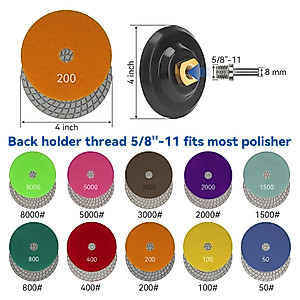 TOOVEM 14 Packs 4 Inch Diamond Polishing Pads with 5/8"-11 Backer Pad, 12 PCS Wet/Dry Polish Pad Kit for Drill Grinder Polisher, 50-8000 Grit Pads for Granite Marble Stone Concrete Countertop Quartz