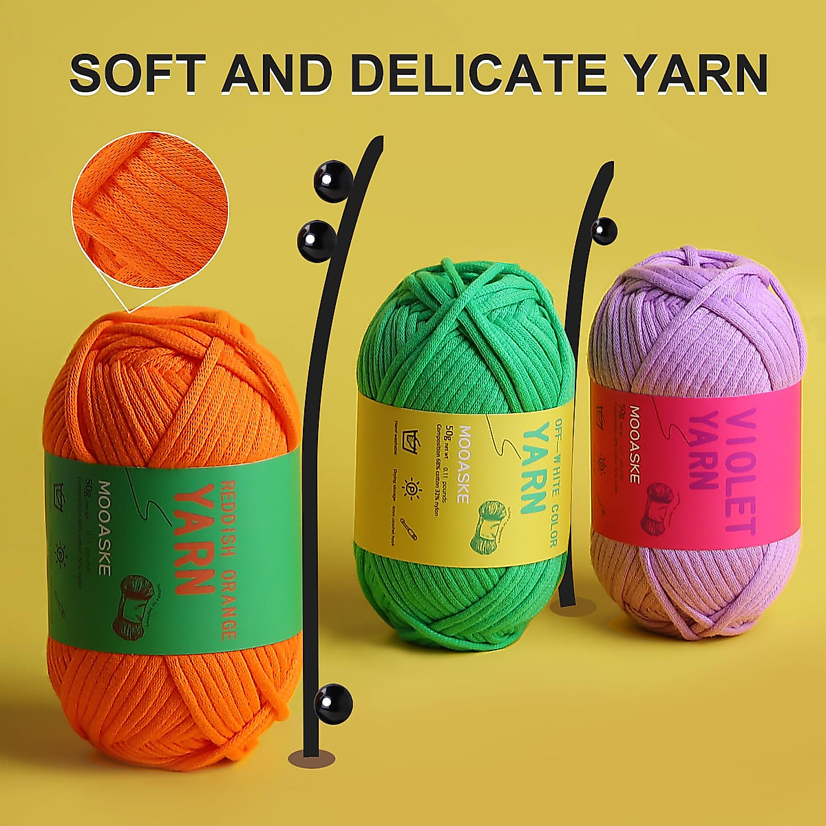 Mooaske 3 Pack (3 x 50g) Crochet Yarn with Crochet Hook - Worsted Medium Yarn for Crocheting - Easy-to-See Stitches Cotton-Nylon Blend Beginner Knitting Yarn for Adults and Kids