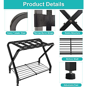 Whoonba Folding Luggage Rack with 2-tiers Storage Shelf, Foldable Steel Frame Luggage Organizers for Suitcase, Metal Luggage Holder for Guest room, Bedroom, Hotel, Closet, Black, 1pack