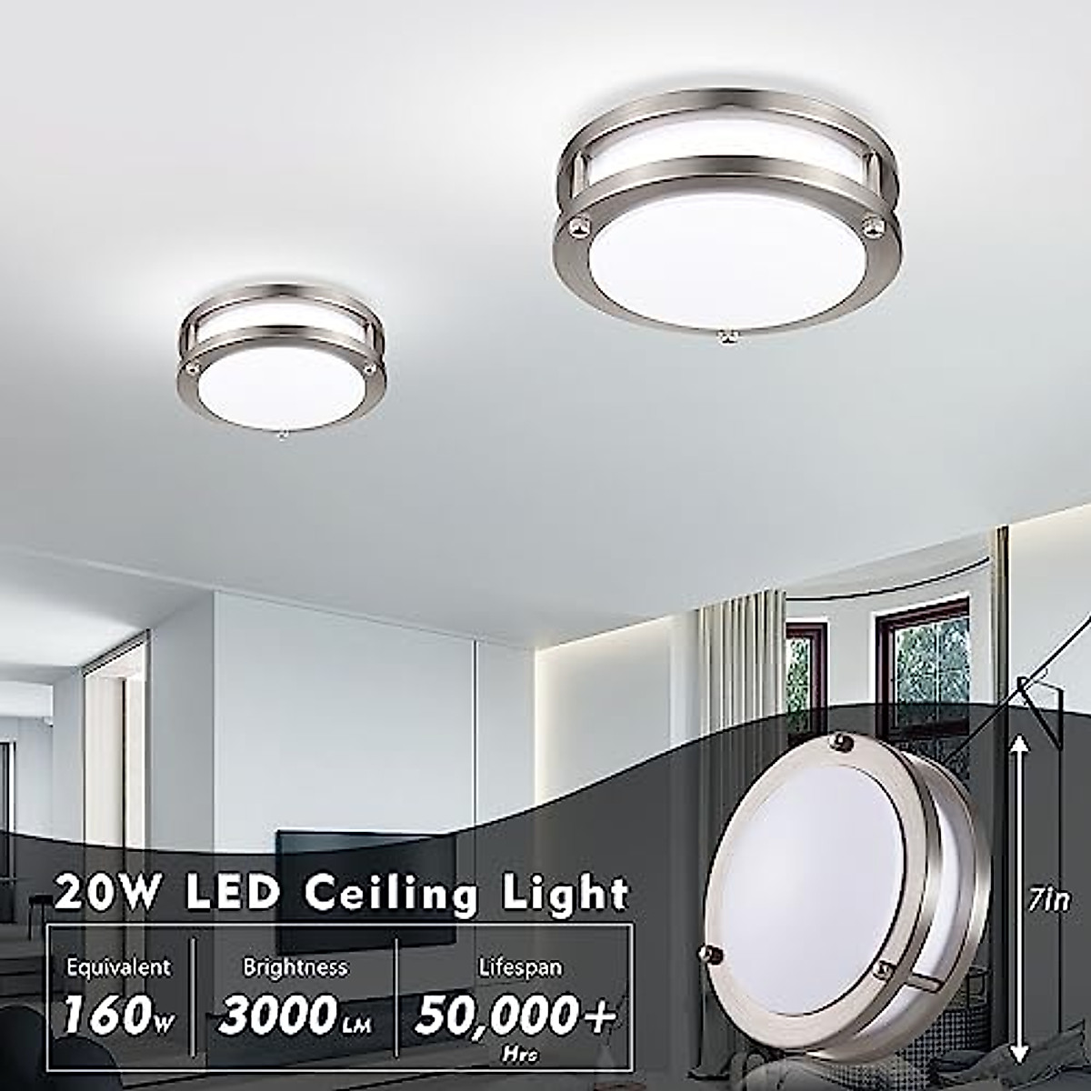 TUUANA 4-Pack LED Ceiling Light Fixtures, 20W 7in Flush Mount Ceiling Lights 2700K/3000K/4000K/5000K/6500K Adjustable, Super Bright Dimmable Ceiling Lamps for Bedroom Bathroom Hallway, Brush Nickel