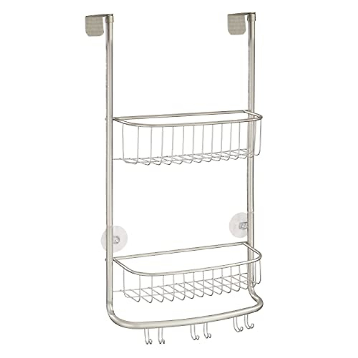 mDesign Stainless Steel Bath/Shower Over Door Caddy, Hanging Storage Organizer 2-Tier Rack with 6 Hooks and 2 Baskets - Holder for Soap, Shampoo, Loofah, Body Wash, Omni Collection, Satin