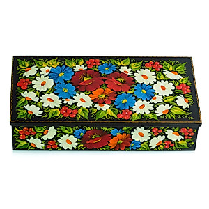 UA Creations Petrykiv Ethnic Rectangular Lacquered Wooden Jewelry Box with Lid, Hand Painted Flowers on Black, Beautiful Floral Design Gift for Women (red and blue)