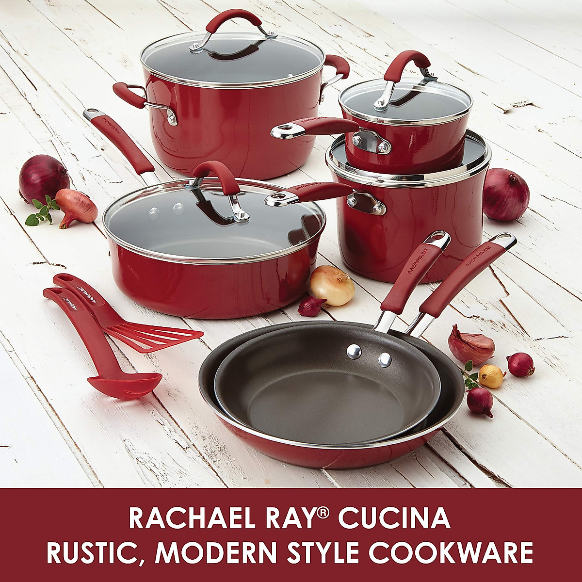 Rachael Ray 52410 Cucina Nonstick Bakeware Set with Baking Pans, Baking Sheets, Cookie Sheets, Cake Pan and Bread Pan - 10 Piece & Cucina Nonstick Cookware Pots and Pans Set, 12 Piece, Cranberry Red