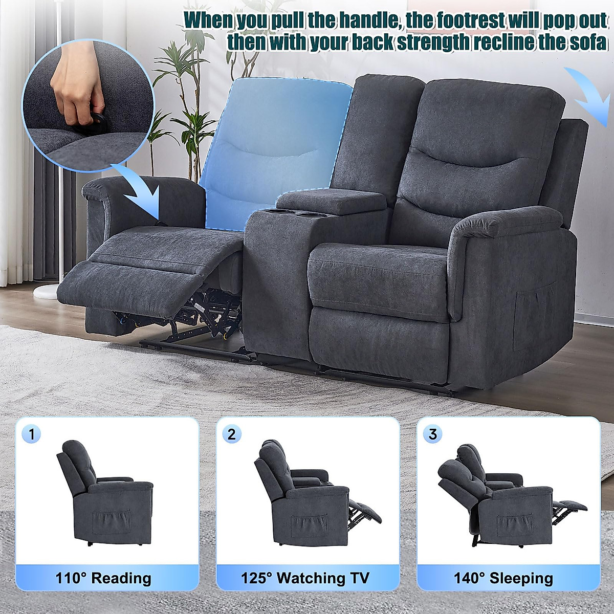 Consofa Reclining Loveseat, Reclining Loveseat with Console, RV Recliner Loveseat Sofa Wall Hugger Reclining Loveseat, Double Recliner Loveseat with Side Pockets & Cup Holders for Living Room
