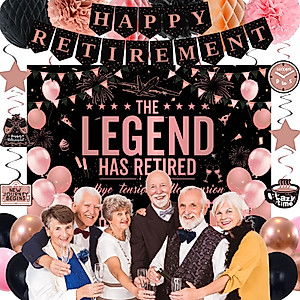 Retirement Party Decorations Women, Rose Gold Black Happy Retirement Decorations Female, Happy Retirement Banner, Retired Backdrop, Balloons, Pompom, Hanging Swirl, Retirement Card, Cake Topper 54pcs