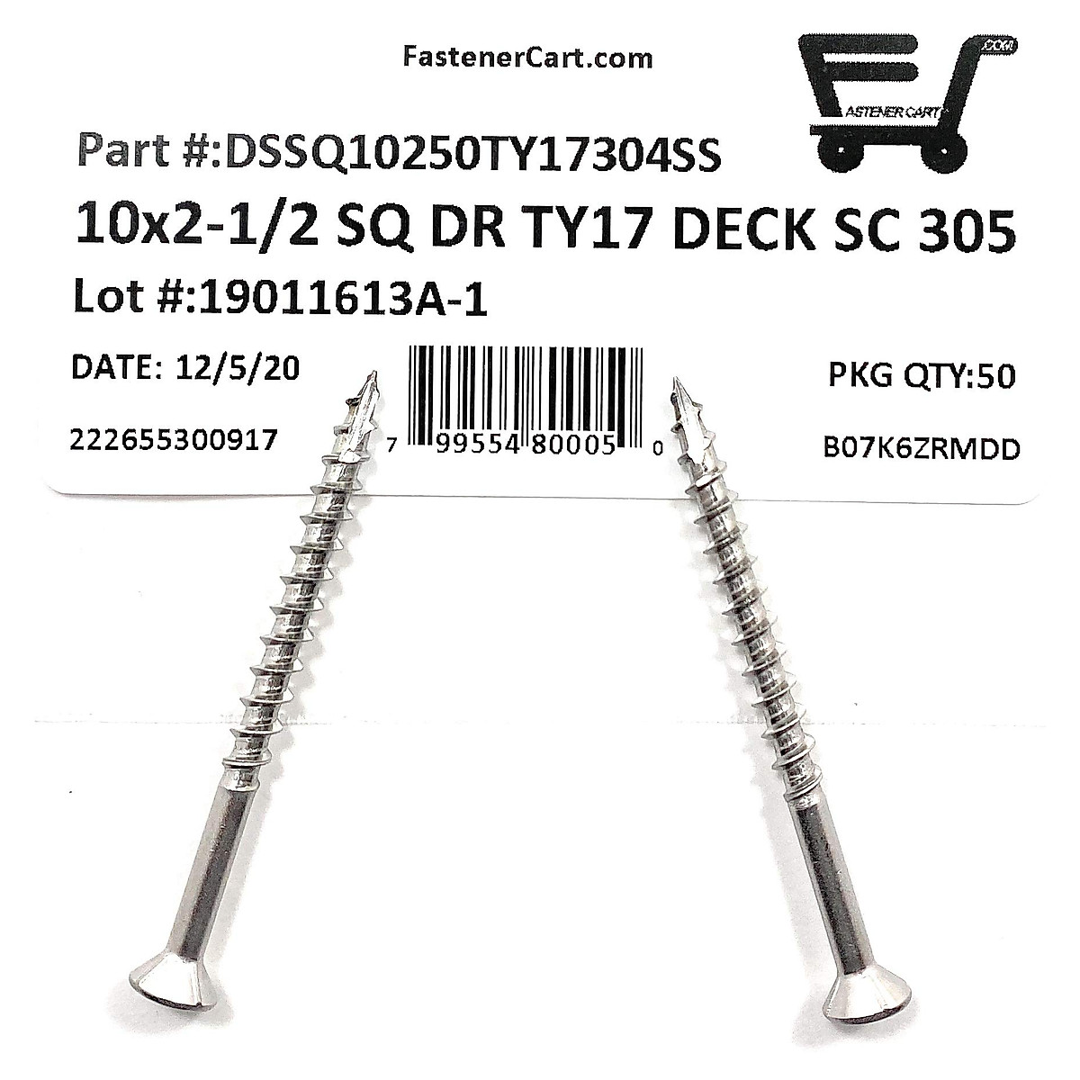 #10 x 2-1/2 Stainless Steel Wood Deck Screws Square Drive W/4 Nibs Type 17 Drill Point (10x2-1/2) (50 Pieces)