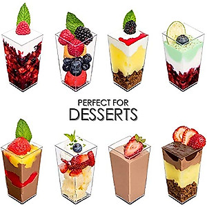 DLux 50 x 3 oz Mini Dessert Cups with Spoons, Square Tall - Clear Plastic Parfait Appetizer Cup - Small Reusable Serving Bowl for Party Desserts Appetizers - With Recipe Ebook