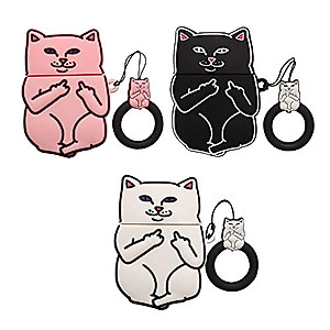 AZlanlan Headset Set for Apple Airpods 1&2, 3D Anime Theme [Blue Cat] [Star Wars] [Middle Finger Cat] Silicone Headphone Case. (Middle Finger White)