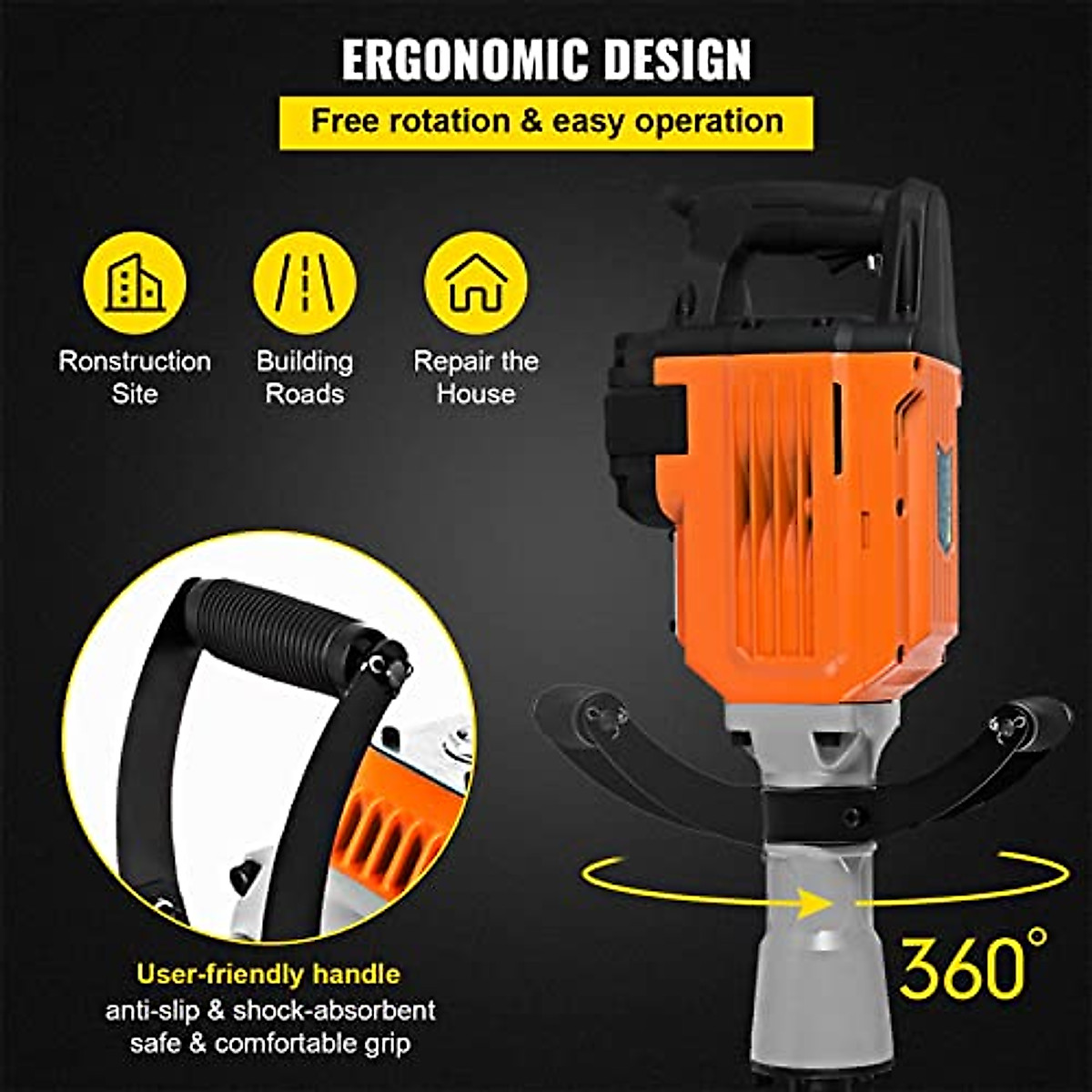 Mophorn 3500W Jack Hammer Demolition, Heavy Duty Electric Concrete Breaker Lock Speed Button 1400 BPM Chipping Hammer with Flat Chisel & Bull Point Chisel & Gloves