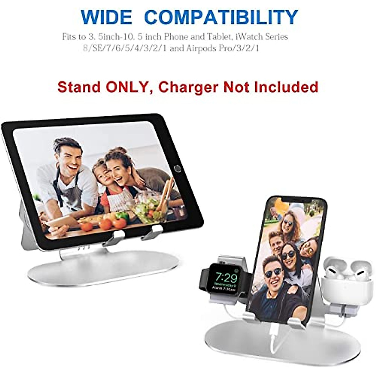 3 in 1 Aluminum Charging Stand for Apple Watch Charger Stand Dock for iWatch Series 8/SE/7/6/5/4/3/2/1, iPad, AirPods Pro/3/2/1 and iPhone Series 14/13/12/11/X/8/7/6/Samsung Series and More