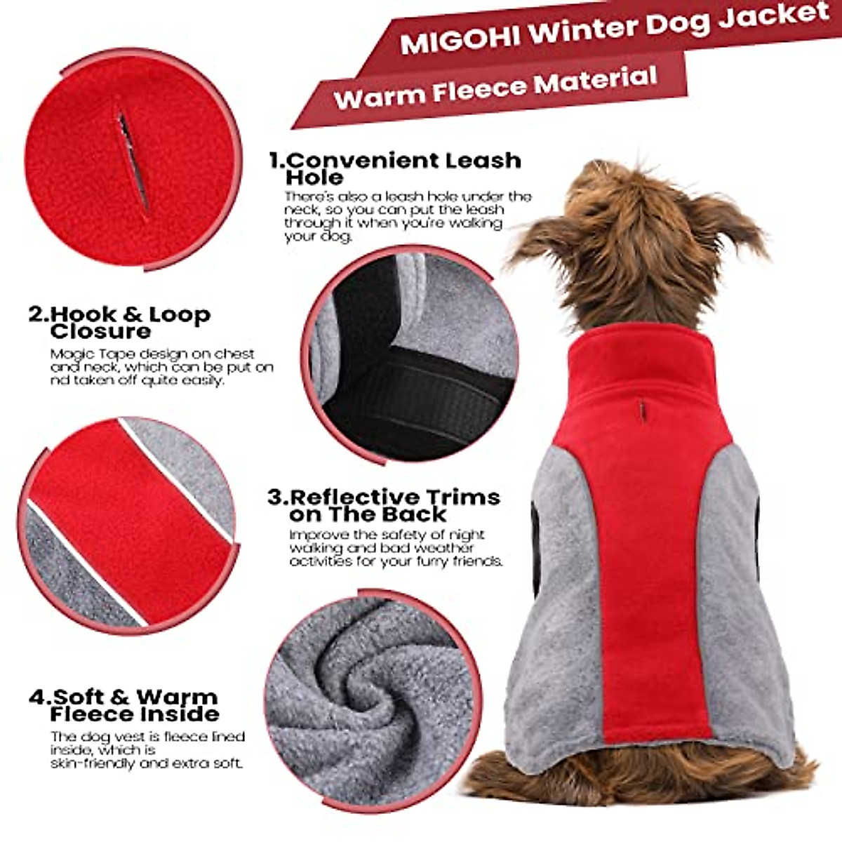MIGOHI Fleece Dog Winter Coat, Warm and Soft Dog Sweaters Puppy Pajamas with Leash Hole and Hook Loop Closure, Reversible Dog Cold Weather Vest Apparel Pet Jackets for Small Medium Large Dogs, Red L
