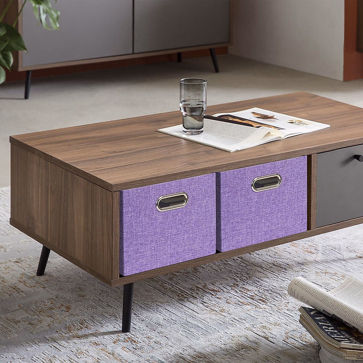 ORGMASTER Collapsible Storage Bins Fabric, Rectangle Baskets Linen Storage Bins Decorative Organizer Baskets Containers Boxes for Shelf Closet Laundry Home Office, 14.75x10.25x8 Inch, 4 Pack, Purple