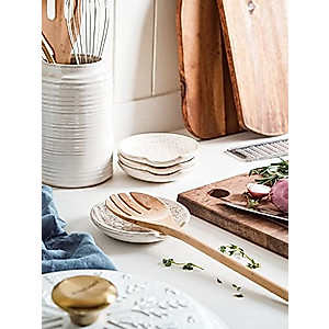 LE TAUCI Spoon Rest for Stove Top, Spoon Holder for Kitchen Counter, Embossment Housewarming Gift, Farmhouse Decor, Ceramic Accessories Utensil Rest - 4.8 inch, Set of 4, White