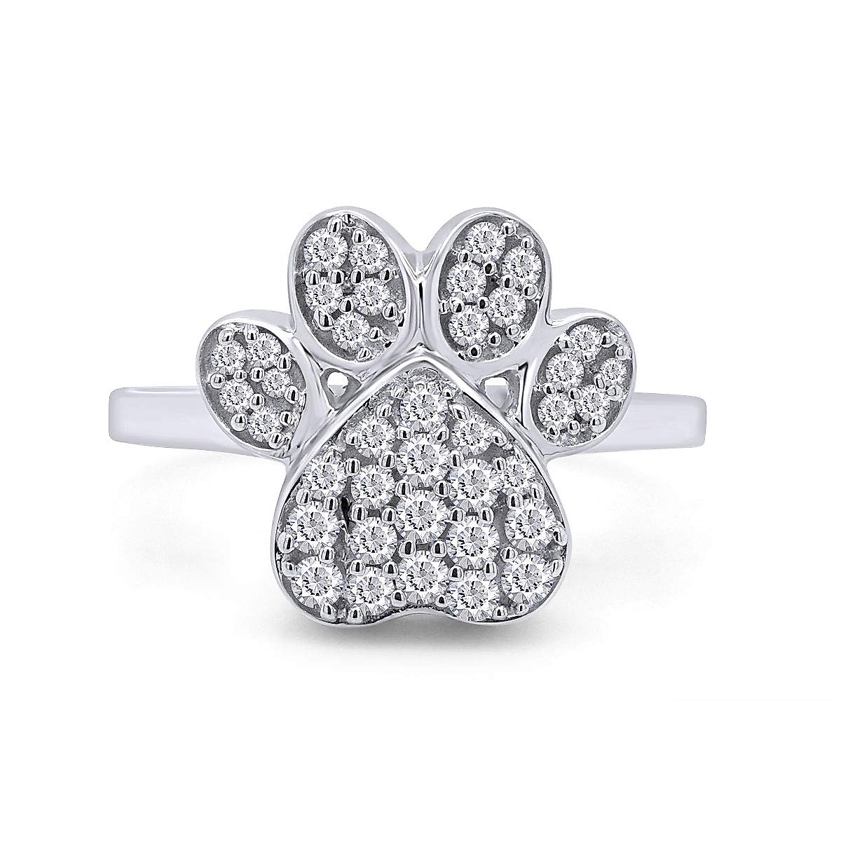 AFFY Round Shape White Cubic Zirconia Dog Pawprint Ring in 14k White Gold Over Sterling Silver (0.4 cttw) Ring Size-5.5