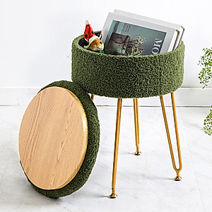 Round Storage Ottoman Foot Rest, Green Ottoman Faux Teddy Fur Vanity Stool with Gold Legs, Coffee Table Top Tray, Modern Ottoman with Storage, Makeup Footstool Vanity Chair for Living Room, Bedroom