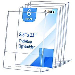 SUNEE 6 Packs Clear Plastic Sign Holders for 8.5x11 Paper, Vertical L-shape Frame for Displaying Signs and Menus