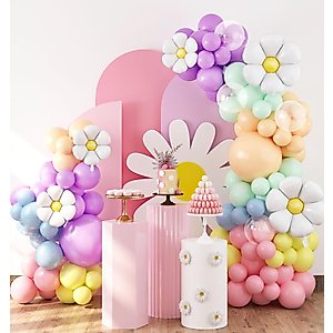 HOUSE OF PARTY Groovy Daisy Flower Balloons - 114 Pcs Pastel Rainbow Balloon Arch Garland Kit - Clear Bubble & Bobo Balloons - Perfect for Birthday, Baby Showers, Weddings & Party Decoration!