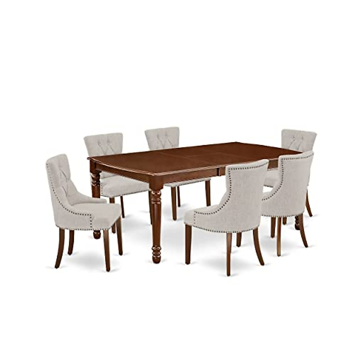 East West Furniture DOFR7-MAH-05 7Pc Dinette Set Includes a Rectangular Kitchen Table with Butterfly Leaf and Six Parson Chairs with Doeskin Fabric, Mahogany Finish