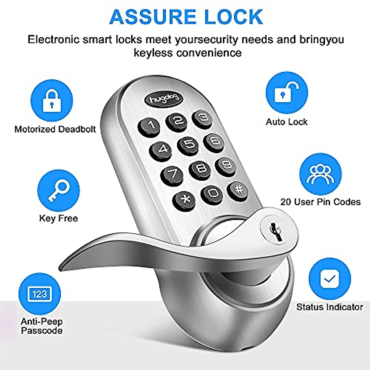Hugolog Latchbolt Lock Electronic,Keyless Entry Door Lock, Keypad Door Lock with Handle, Easy to Install High Security Material for Metal Home & Office