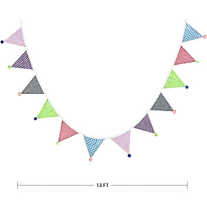 4M/13Ft Multi-Colored Fabric Triangle Bunting Flags Vintage Floral Pom Pom Cotton Banner Kit Pennant Garland for Home,Birthday Parties, Baby Shower,Festivals,Nursery,Outdoor Hanging Circus Decoration