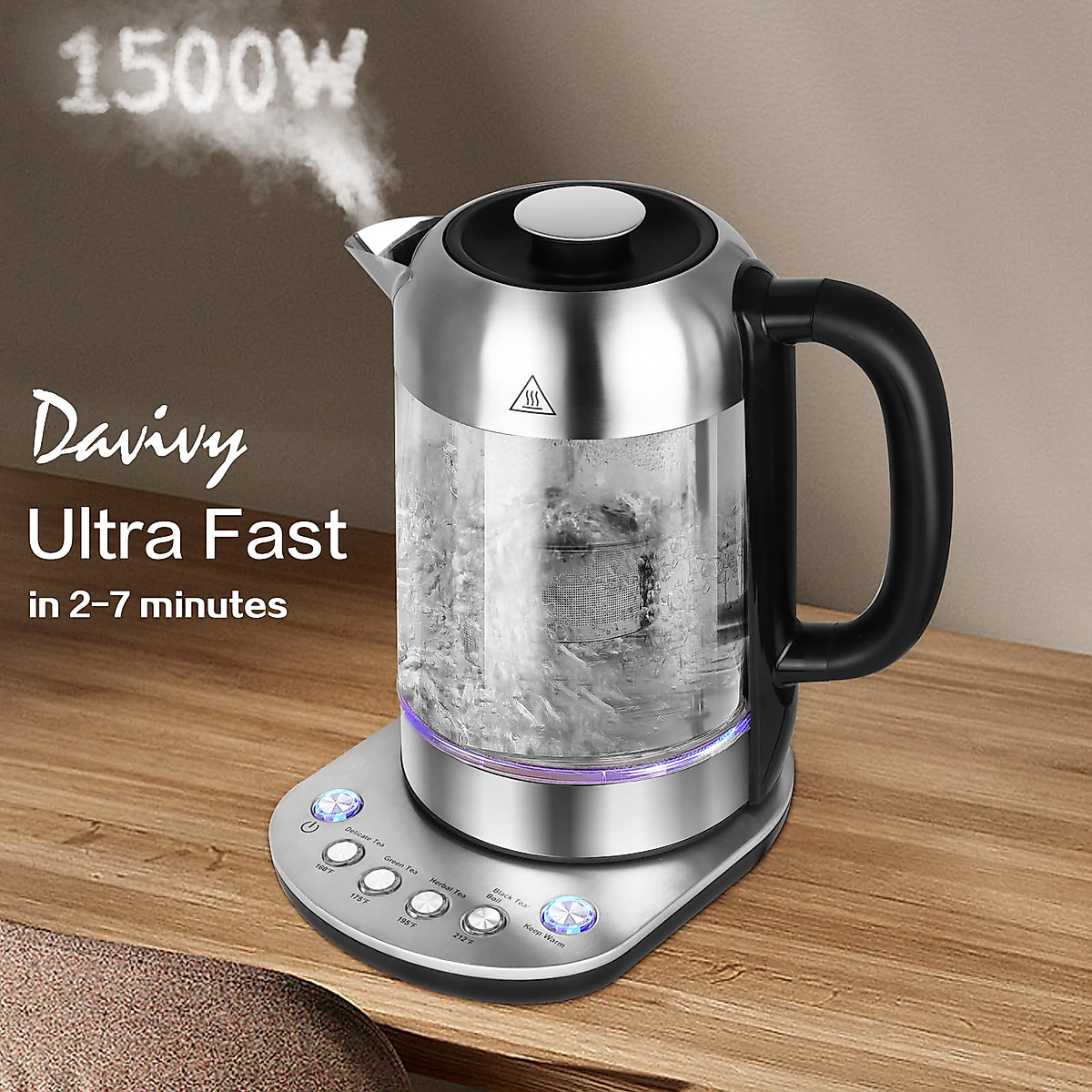 Davivy Smart Electric Kettle with Temperature Control & Tea Infuser - 1500W Quick Boil, Keep Warm Function, Dry-Boil Protection - 1.7L Borosilicate Glass Water Boiler & Tea Maker