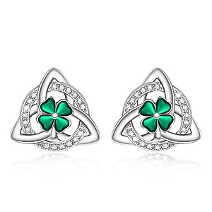 Shamrock Earrings St Patricks Day Earrings for Women Sterling Silver Four Leaf Clover Earrings Celtic Knot Good Lucky Irish Clover Stud Friendship Triangle Jewelry Birthday Gifts