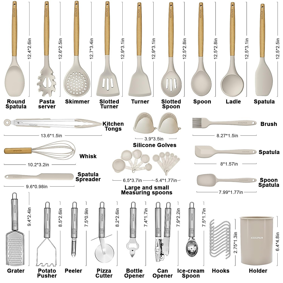 Silicone Kitchen Utensils Set, 46 pcs Cooking Utensils Set-Silicone Spatula Set- Kitchen Gadgets and Tools with Holder-Wooden Handle Silicone Kitchen Utensil with Tongs,Grater (Khaki)