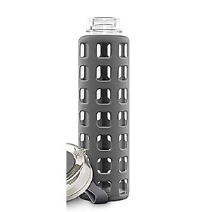 Ello Syndicate Glass Water Bottle with One-Touch Flip Lid, Grey , 20-ounce