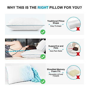 Cooling Bed Pillows Queen Size Set of 2, Shredded Memory Foam Pillows Cool Cold Pillow for Side Back Stomach Sleepers, Gel Pillow Adjustable Firm Pillows Soft Pillows for Sleeping 20x30 Pillow White