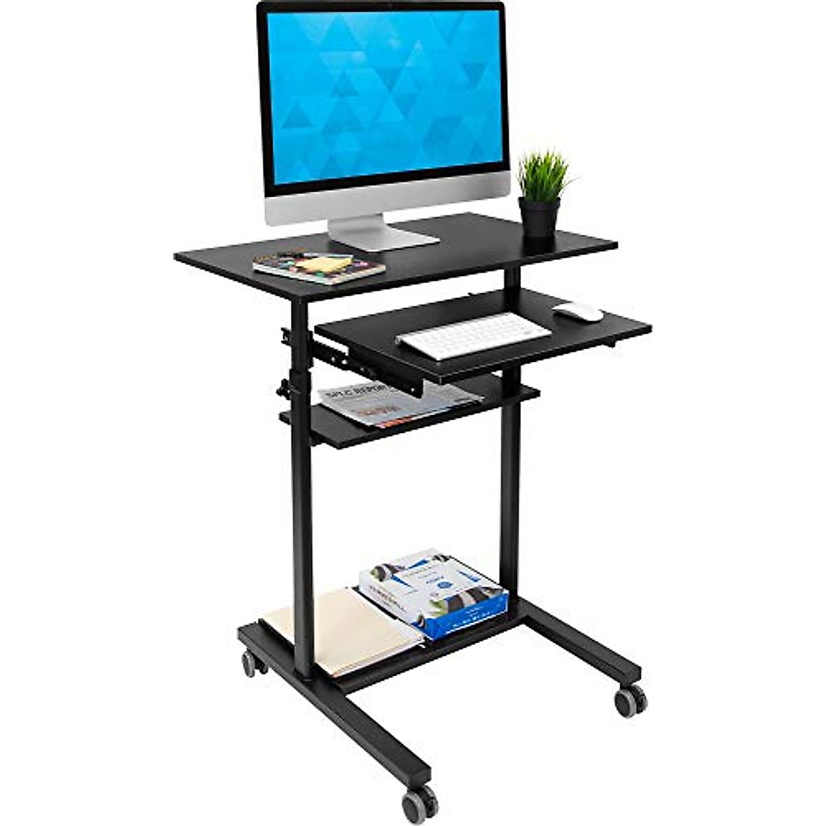 Mount-It! Mobile Standing Desk with Retractable Keyboard Platform | Height Adjustable Stand Up Computer Workstation | Locking Wheels, 99 Lbs Capacity
