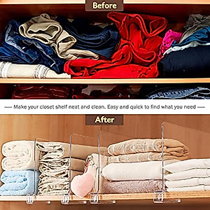 Sclvdi Acrylic Shelf Dividers,4 Pcs Closets Shelf Organizer for Clothing Handbags Books in Pantry, Bedroom and Kitchen, Adjustable Clear Closet Separator Wood Shelves Organize