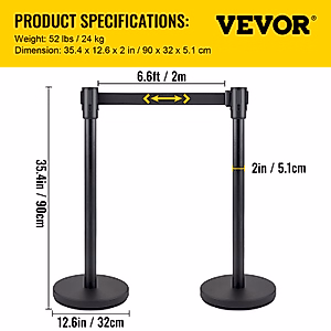 VEVOR Crowd Control Stanchion, Set of 4 Pieces Stanchion Set, Stanchion Set with 6.6 ft/2 m Black Retractable Belt, Black Crowd Control Barrier w/Concrete and Metal Base - Easy Connect Assembly