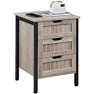 Yaheetech Wood Nightstand, Bedside Table with 3 Drawers, Metal Frame Bedside Cupboard Cabinet Unit Chest of Drawer with Storage Compartments for Bedroom, Gray