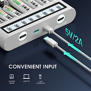 EBL AA AAA Battery Charger, Independent 8 Slots with Advanced Discharge Function, LCD Screen for 1.2V NiMH NiCD Rechargeable Batteries, Micro USB and Type C Input
