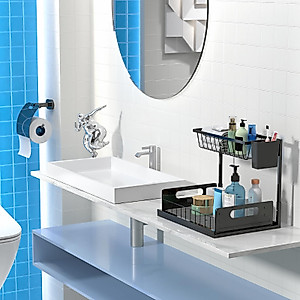 untovei 2 Pack Under Sink Organizer, Metal Pull Out Under the Sink Organizer Bathroom,2 Tier under kitchen sink organizers and storage with hanging cups,Under Sink Mat for Bathroom/kitchen/cabinet