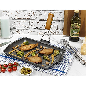 Homiu Griddle Pan Plate Carbon Steel with Non-Stick Ridge Surfaces Frying Pans with Folding Handle for Stoves and Grills (Large Rectangular Pan)