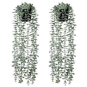 Sggvecsy Artificial Hanging Eucalyptus Plants Fake Hanging Plant 2 Pack Fake Potted Hanging Greenery Potted Hanging Eucalyptus for Home Indoor Outdoor Wall Garden Wedding Decor
