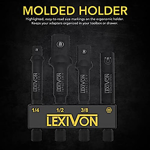 LEXIVON Impact Socket Adapter & Magnetic Bit Holder Set | 4 Pieces of 1/4-Inch Hex Shank Extension to 1/4", 3/8", and 1/2" Drive | Includes Organizer Rack (LX-104)