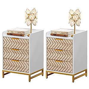 YITAHOME Nightstand with 3 Drawers, Modern Bedside Table with Chevron Design and Gold Metal Legs, Small End Side Table, Night Stands with Lip, for Bedroom, Set of 2