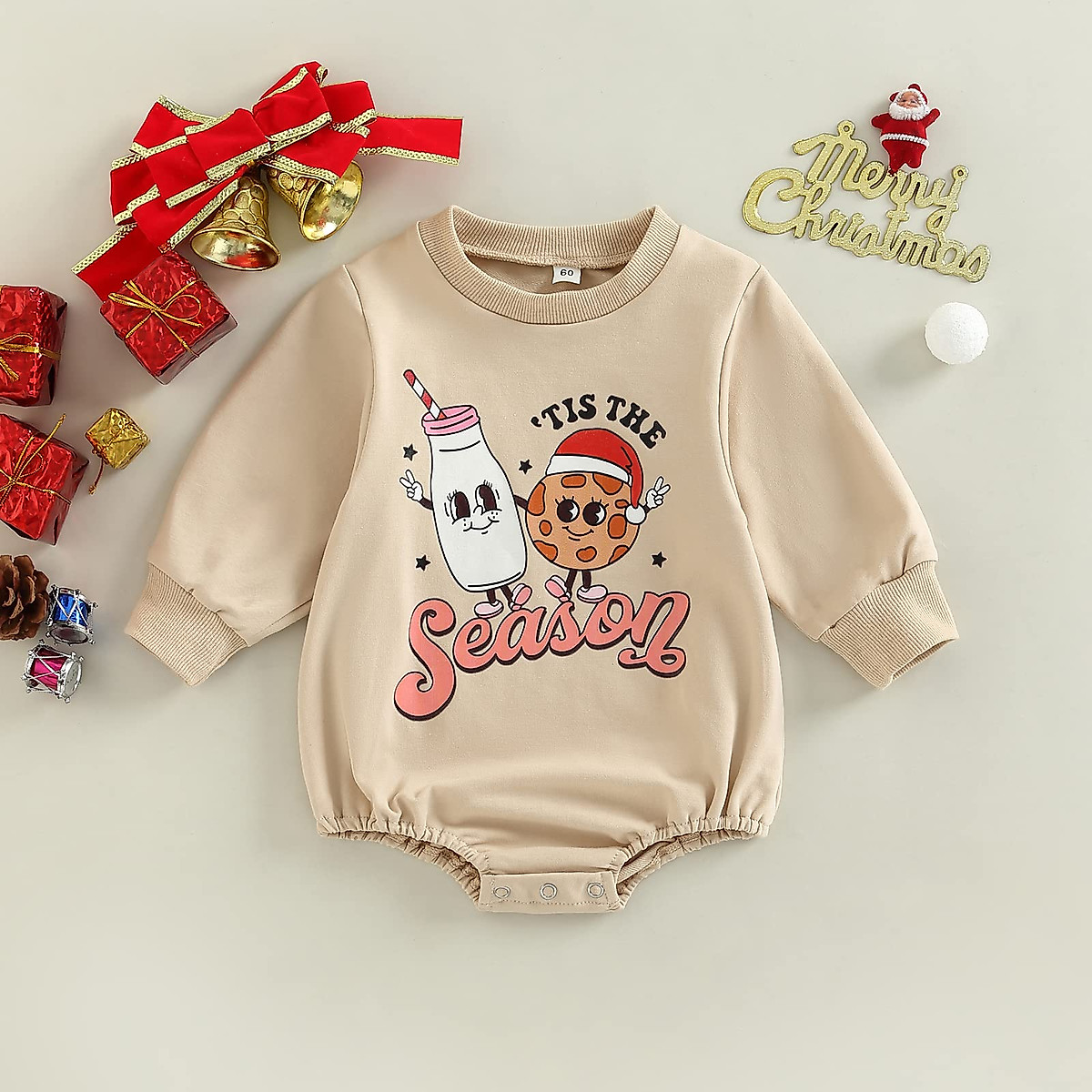 Twopumpkin Baby Christmas Outfit Boy Girl Vintage Onesie Newborn Infant Crewneck Sweatshirt Romper Cute Xmas Clothes 6-12 Months A Tis the Season Cookie Milk