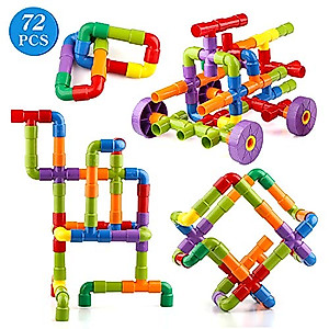 Wondertoys 72 Piece Pipe Toys for Kids Multicolor Pipe Tube Building Blocks Educational STEM Construction Learning Toys with Wheels Baseplate for All Ages Kids